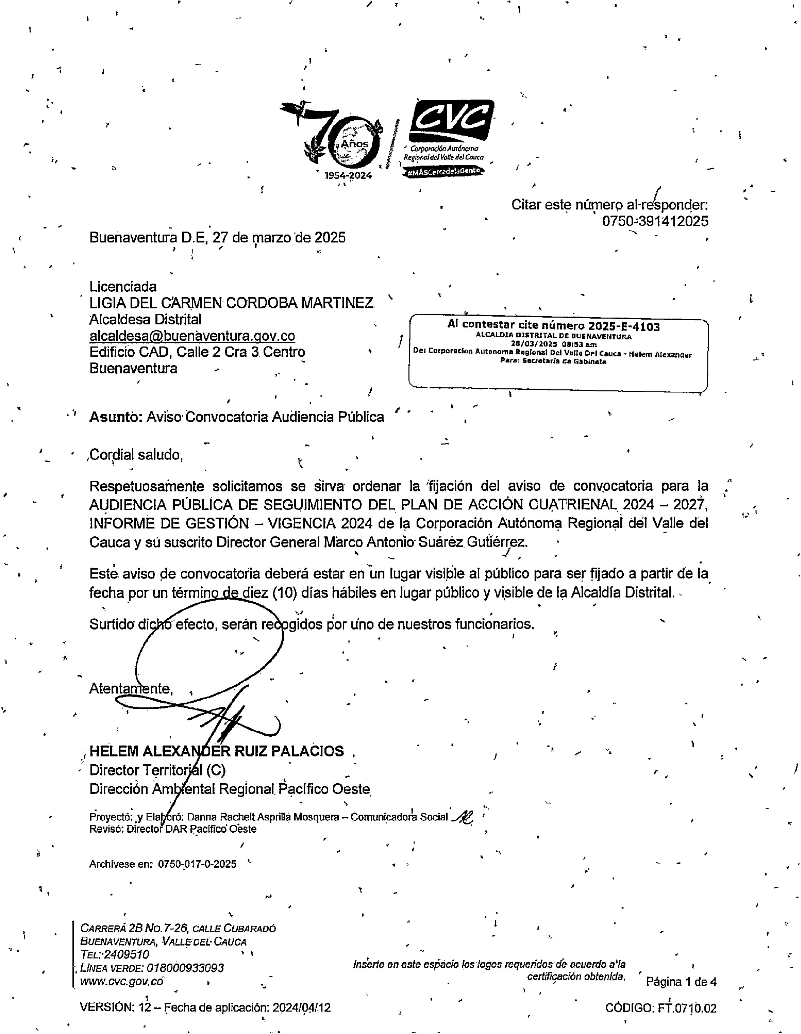 Aviso de Convocatoria Audiencia Pública de Seguimiento del Plan de Acción Cuatrienal 2024-2027 ...
