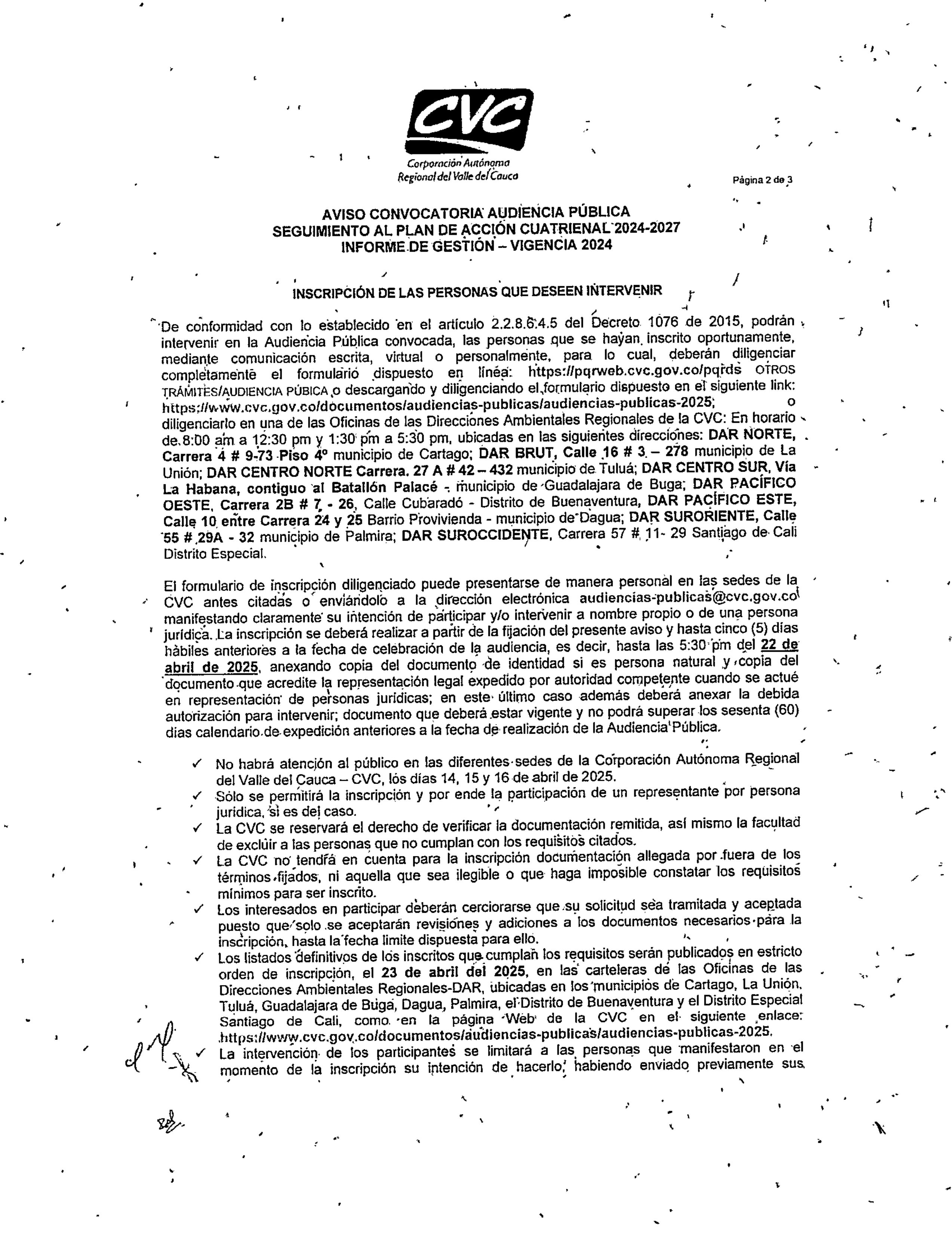 Aviso de Convocatoria Audiencia Pública de Seguimiento del Plan de Acción Cuatrienal 2024-2027 ...