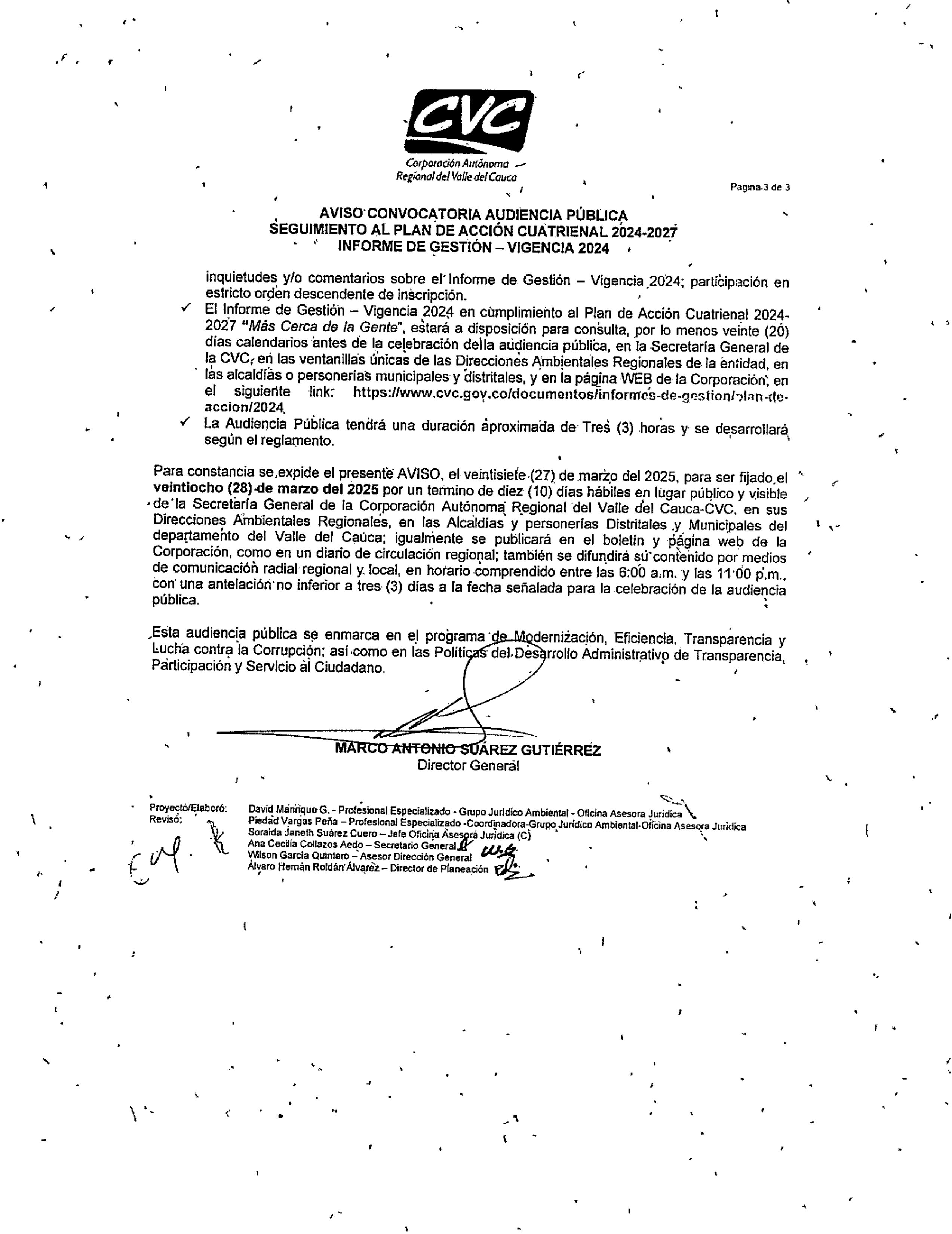 Aviso de Convocatoria Audiencia Pública de Seguimiento del Plan de Acción Cuatrienal 2024-2027 ...